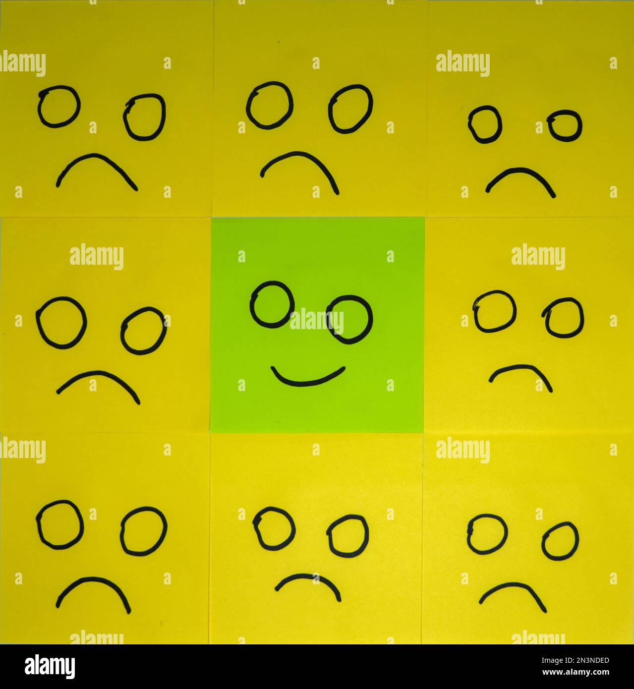 Emotions concept. Background of sticky notes. Green sticky note is ...