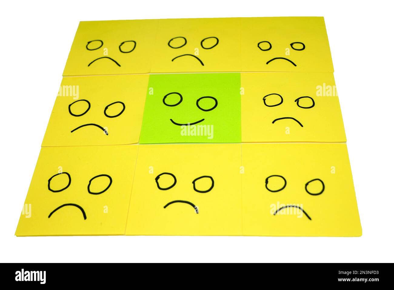 Emotions concept. Background of sticky notes. Green sticky note is ...