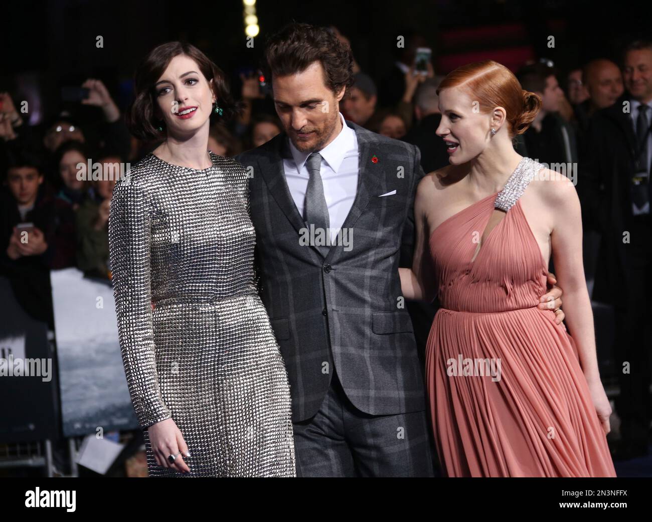 Actors Anne Hathaway, Matthew McConaughey and Jessica Chastain, right ...