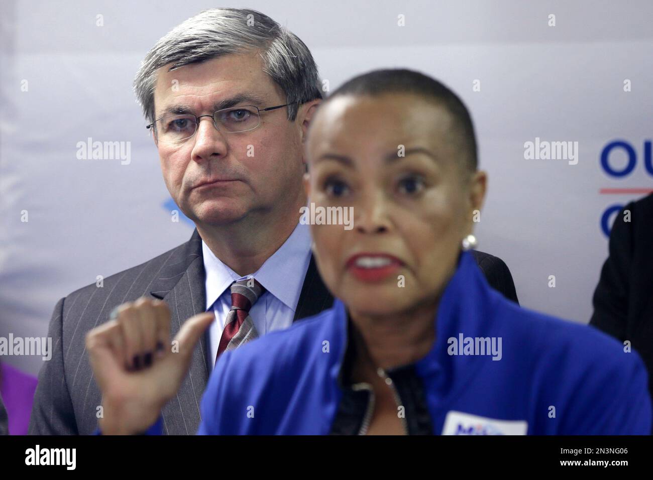 Democratic candidate for Arkansas governor Mike Ross, left, listens to ...