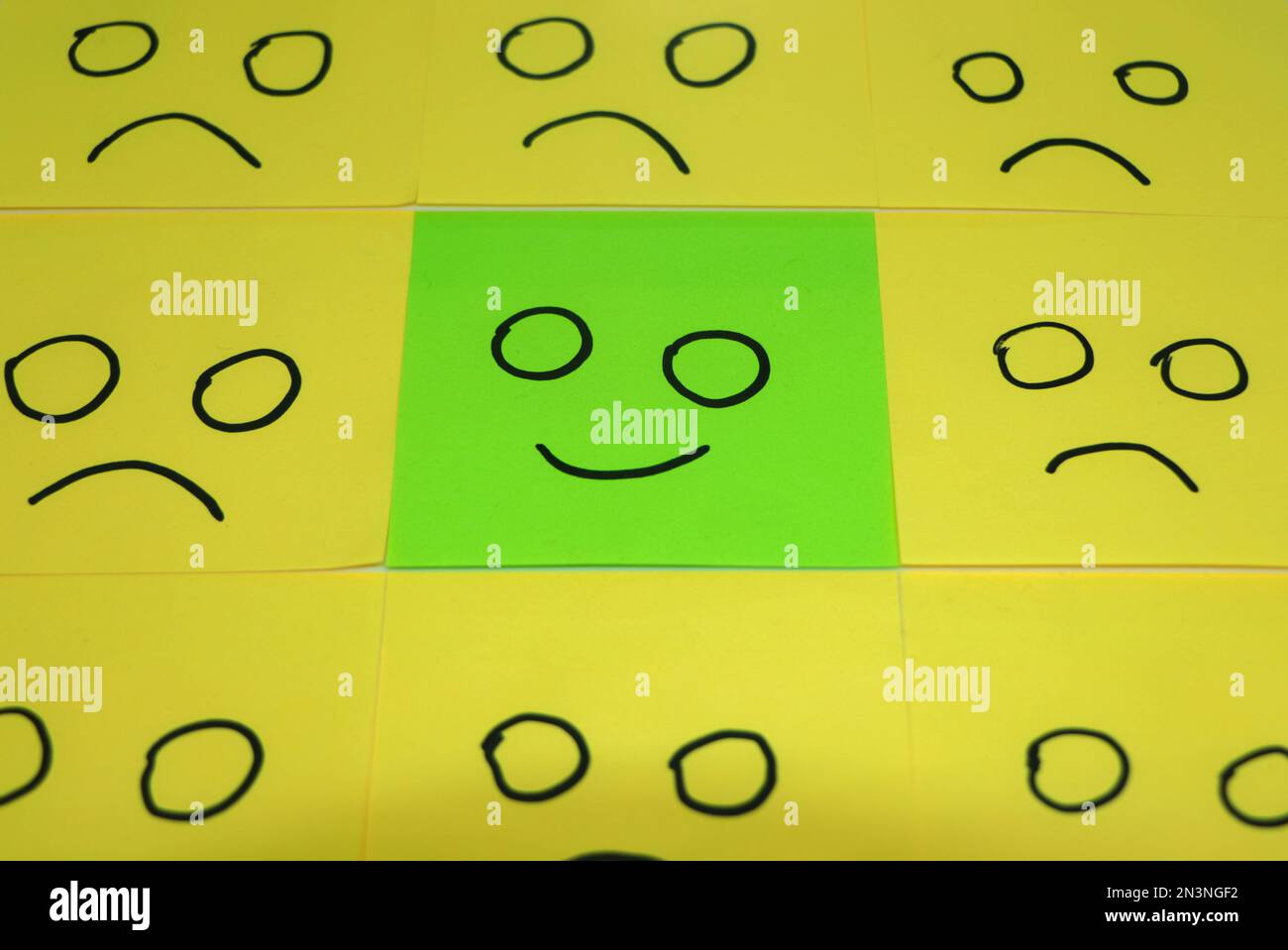 Emotions concept. Background of sticky notes. Green sticky note is ...