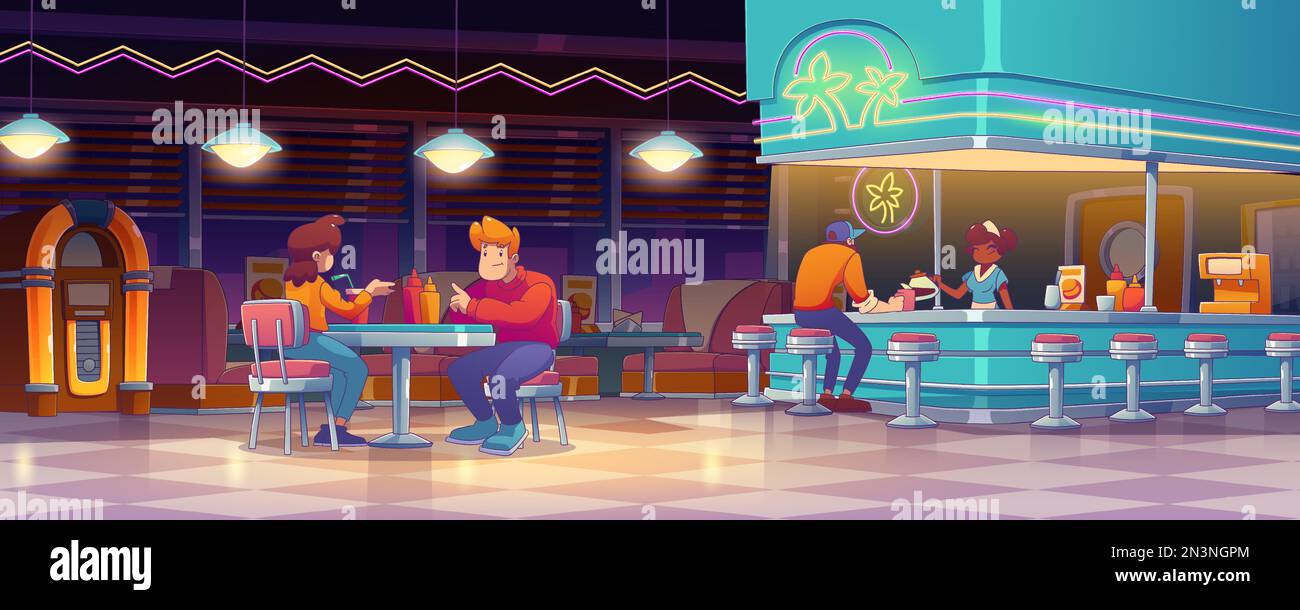 Diner, american restaurant interior with people eating food, bar ...