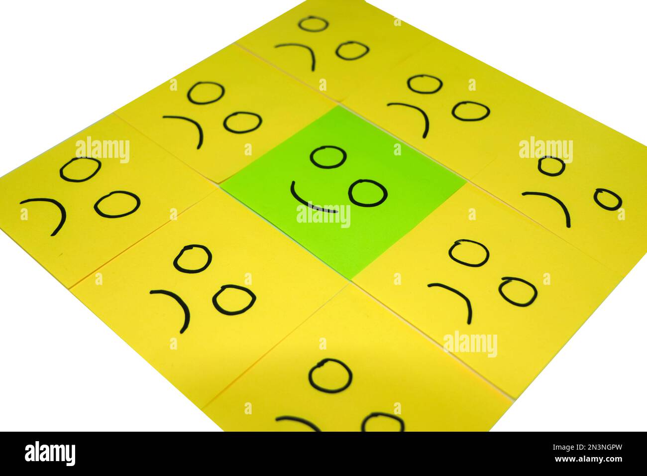 Emotions concept. Background of sticky notes. Green sticky note is ...
