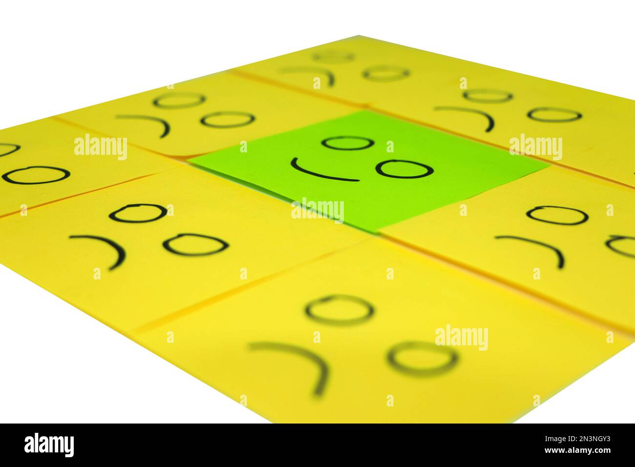 Happy concept. Background of sticky notes. Green sticky note is among ...