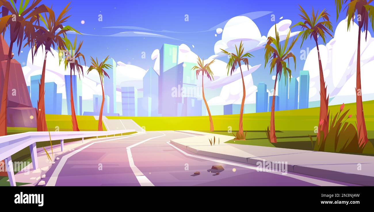 Summer tropical background with palm trees and empty asphalt road with ...