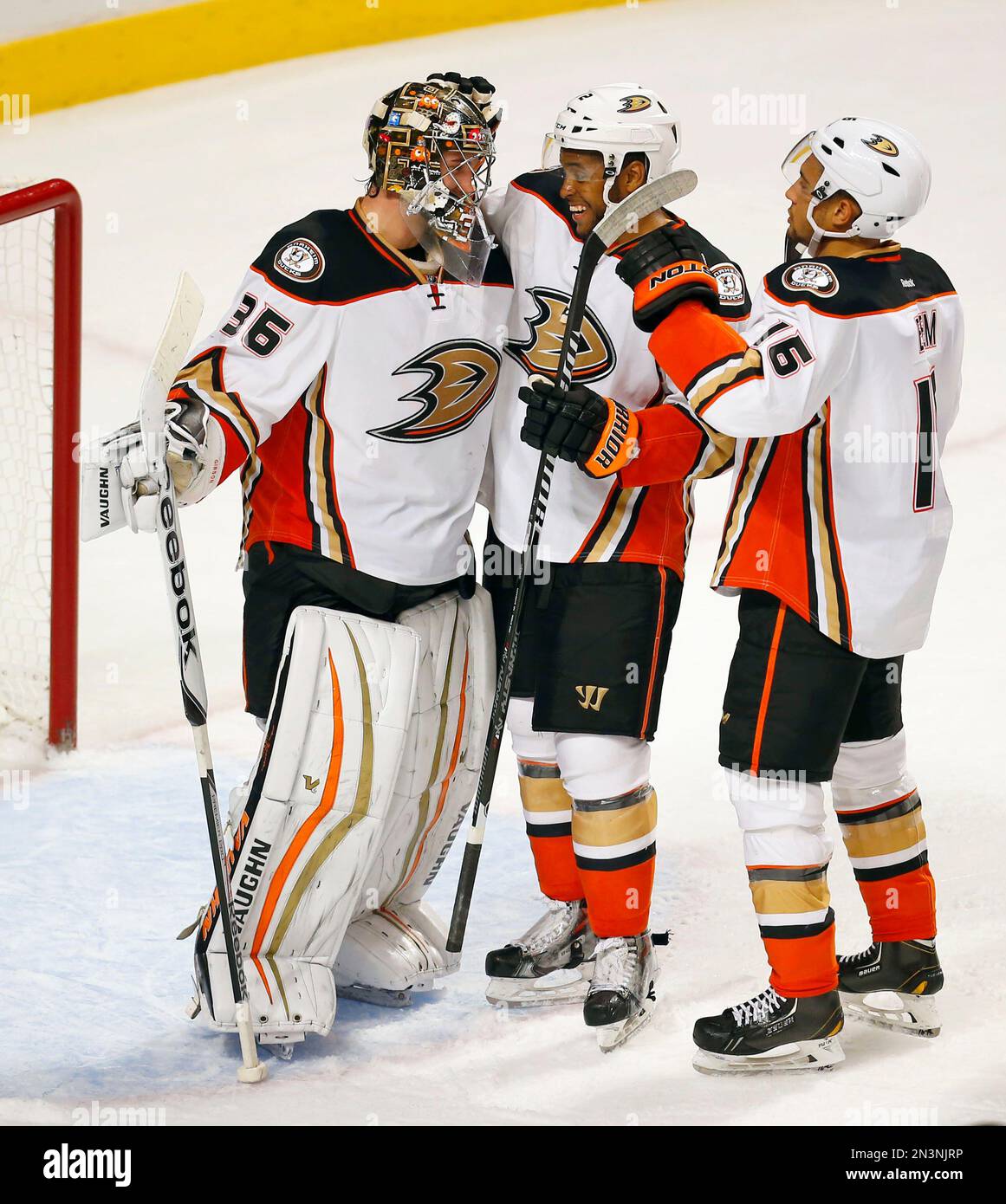 Anaheim Ducks goalie John Gibson, left, right wing Devante Smith-Pelly ...