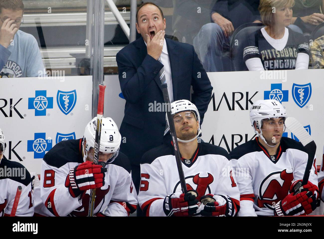 New Jersey Devils head coach Peter DeBoer looks at the scoreboard in ...