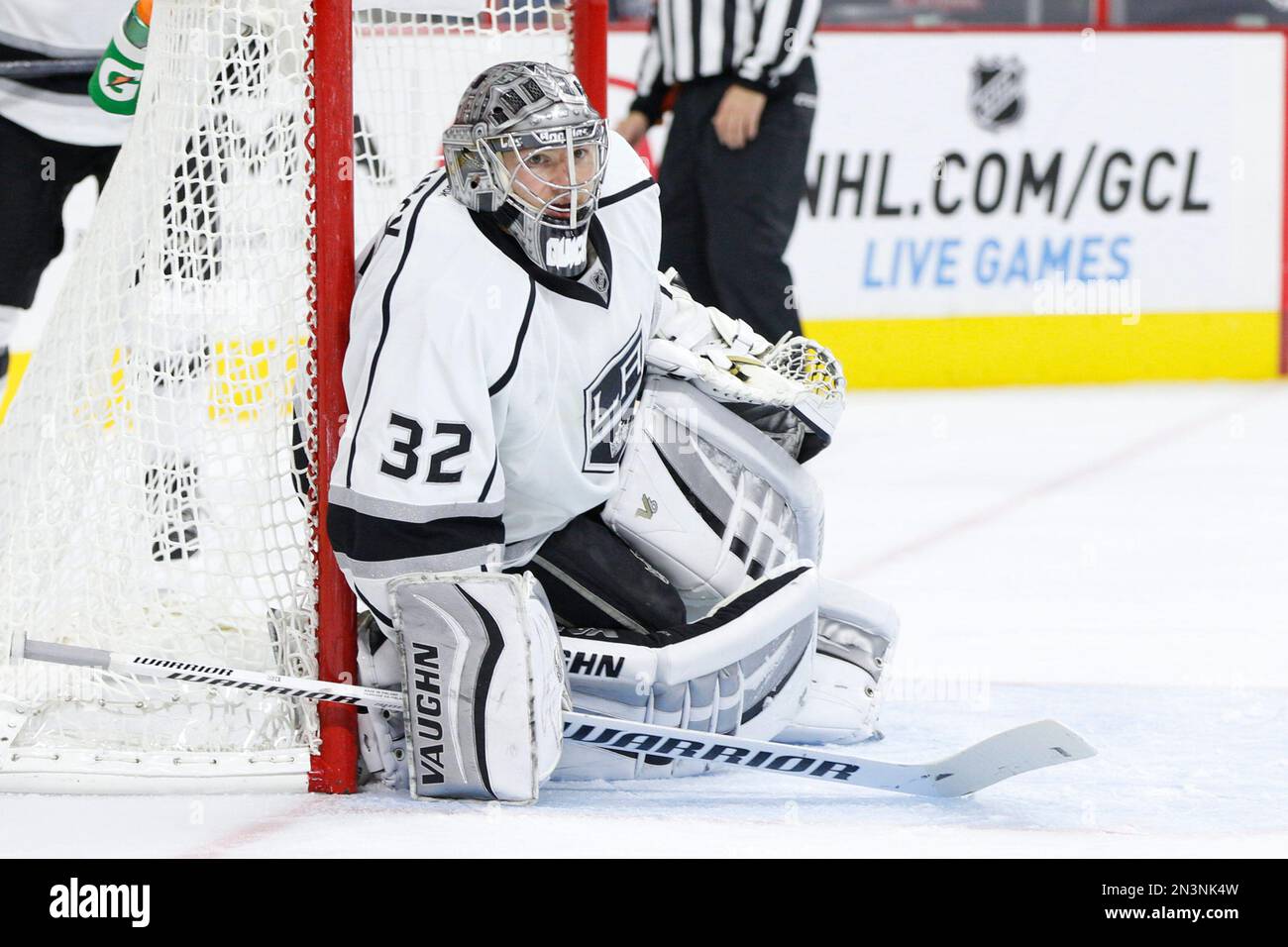 Los Angeles Kings' Jonathan Quick looks on from goal during the second ...