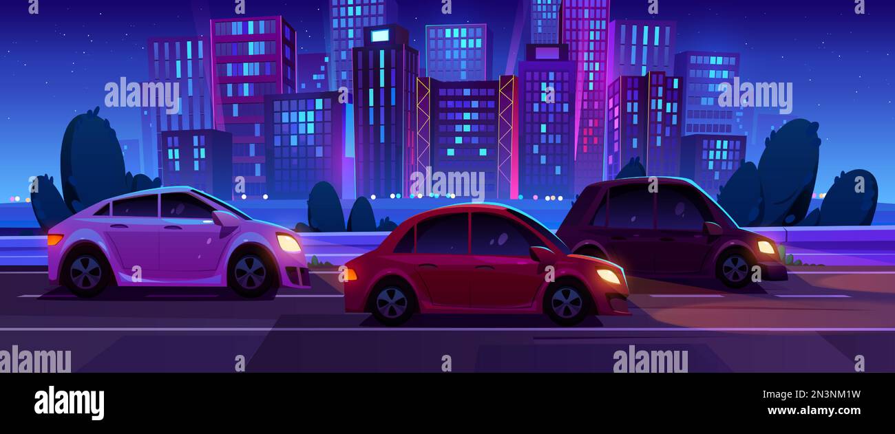 Cars drive on city street road at night. Highway traffic with view of ...