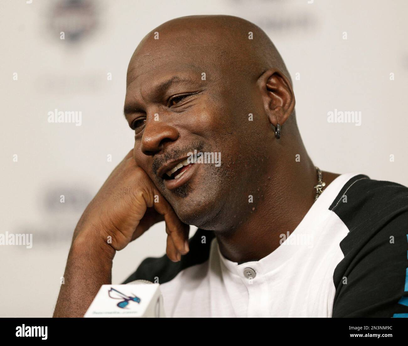Charlotte Hornets owner Michael Jordan speaks to the media during a ...