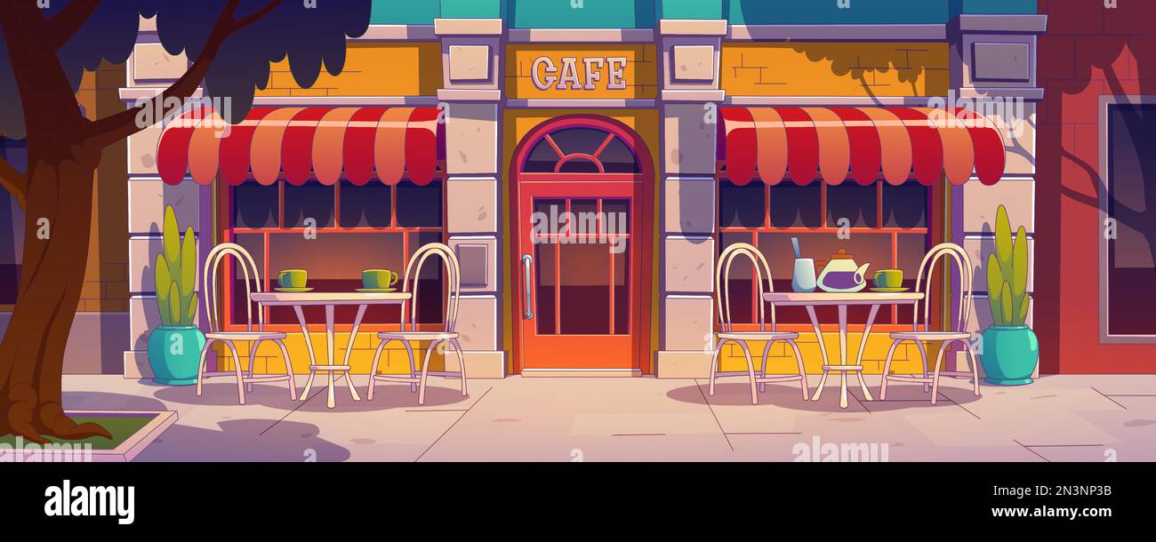 Outdoor cafe, coffee shop on city street. Building exterior with ...