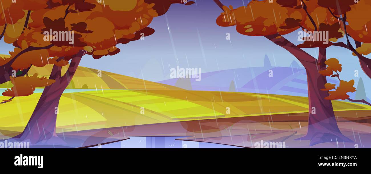 Autumn rainy landscape with farm fields, forest and river. Rural fall ...