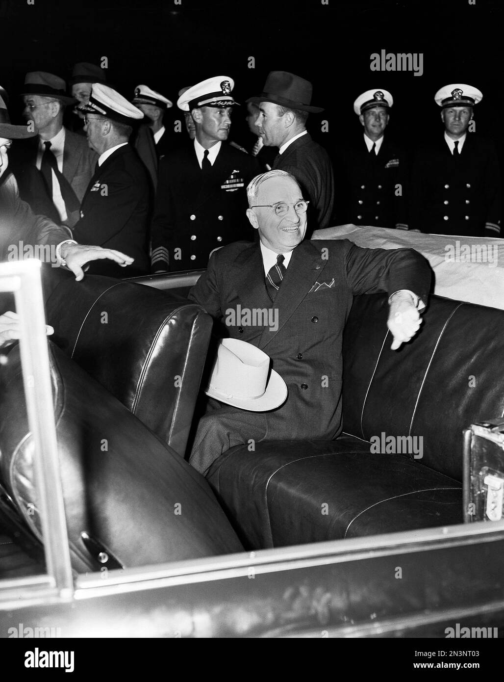 President Harry Truman arrives in his car for a rest in Miami, Fla ...