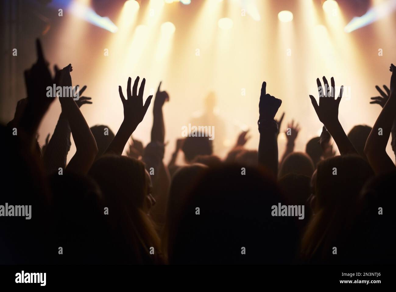 Feeling the music. An excited crowd raising their hands and reaching ...