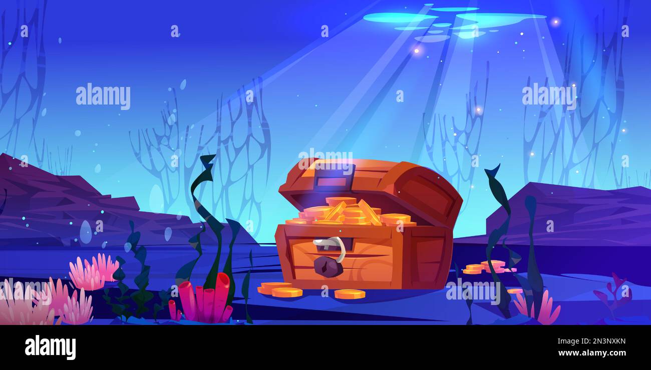 Cartoon vector treasure chest underwater in ocean. Light throuh water ...