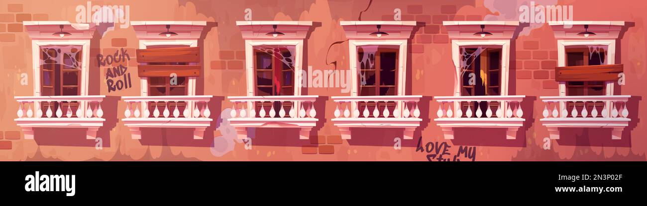Abandoned building facade. Vector cartoon illustration of old house ...