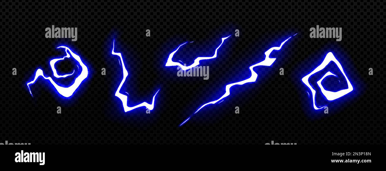 Set of neon blue lightning strike effects isolated on dark transparent background. Vector ...