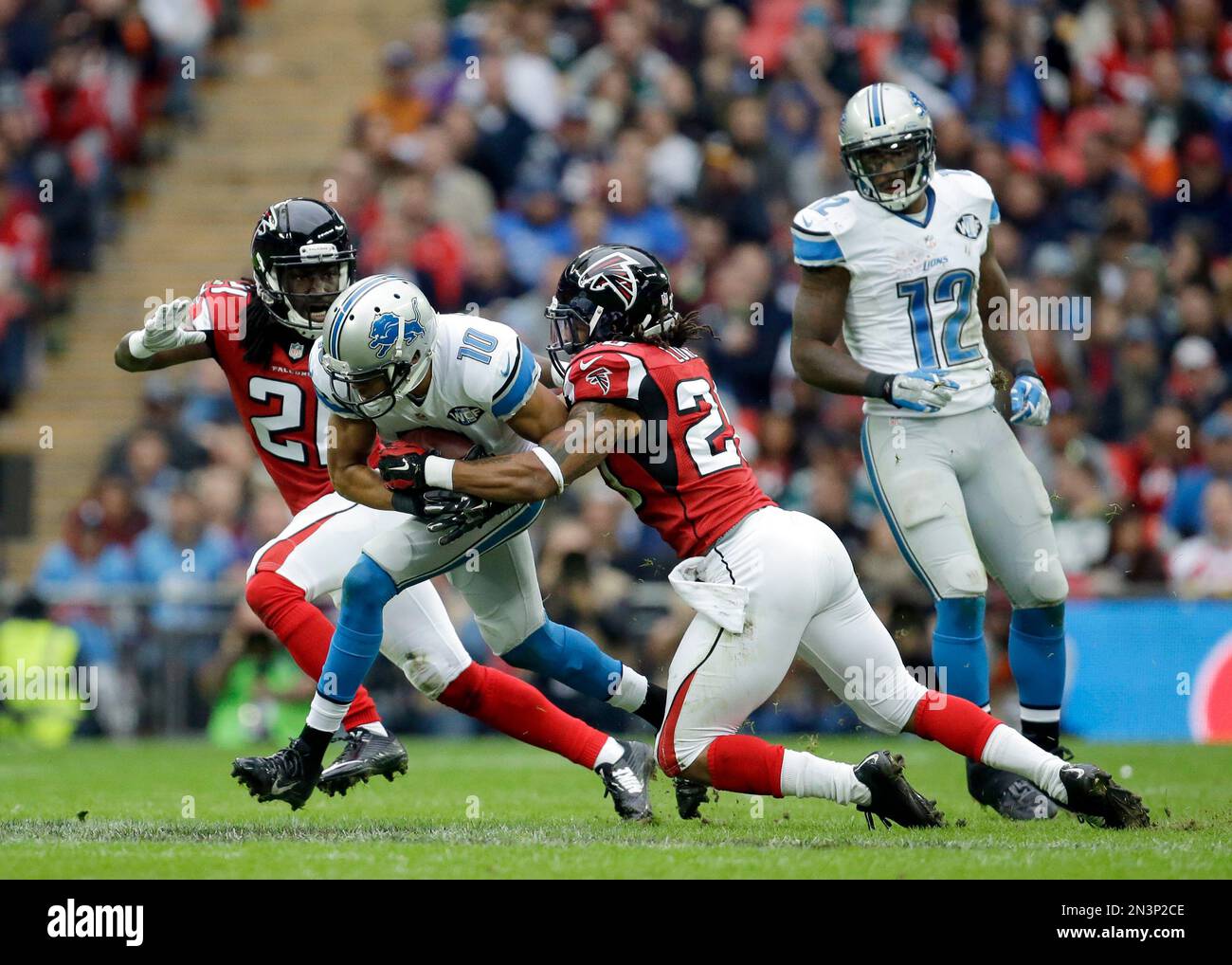 Detroit Lions wide receiver Corey Fuller (10) is tackled by Atlanta ...
