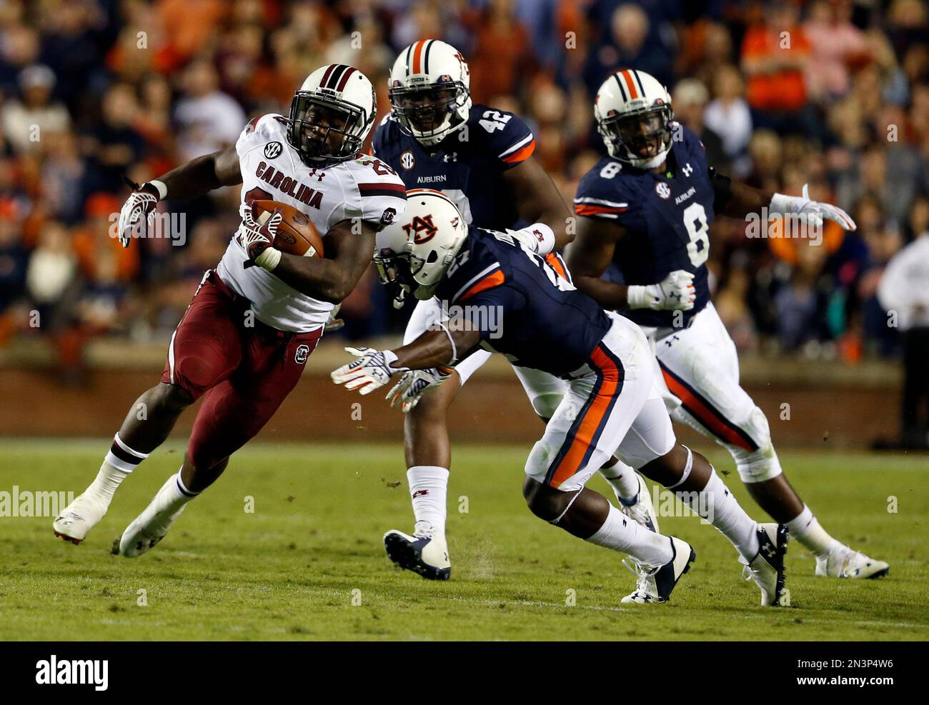South Carolina tailback Mike Davis (28) tries to get around Auburn ...