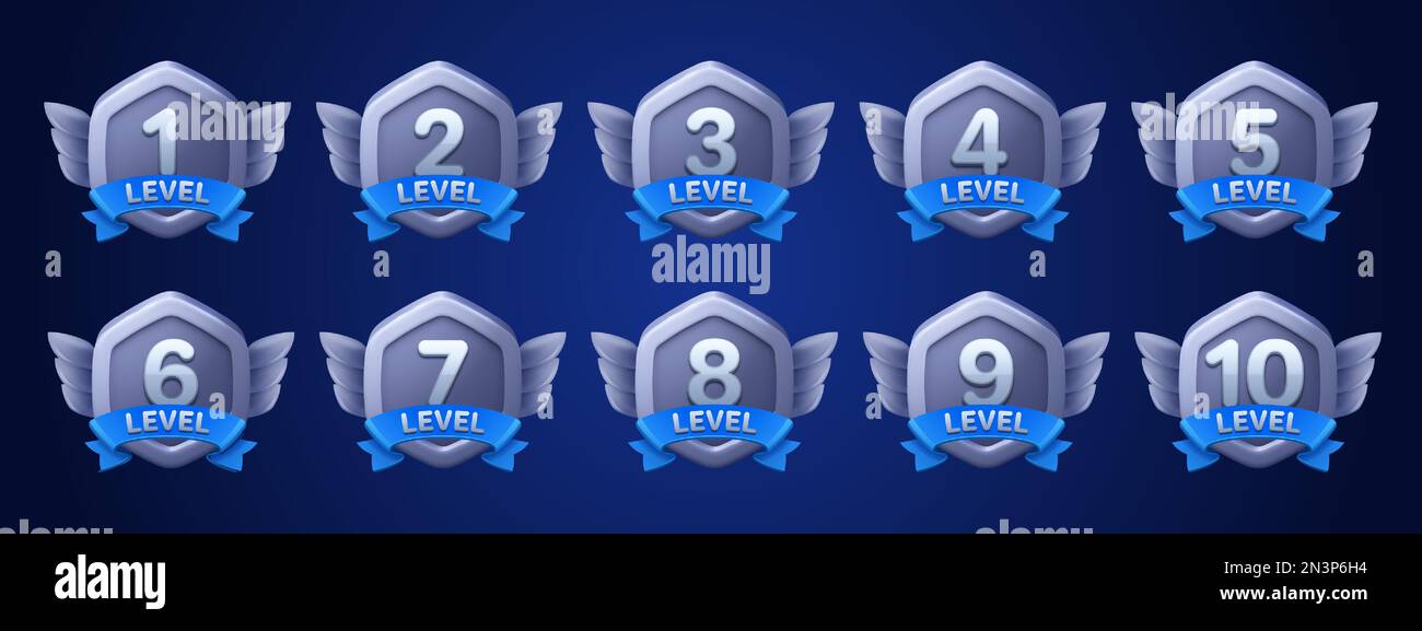 Vector game icon set with level up badge. Isolated achievement emblem ...