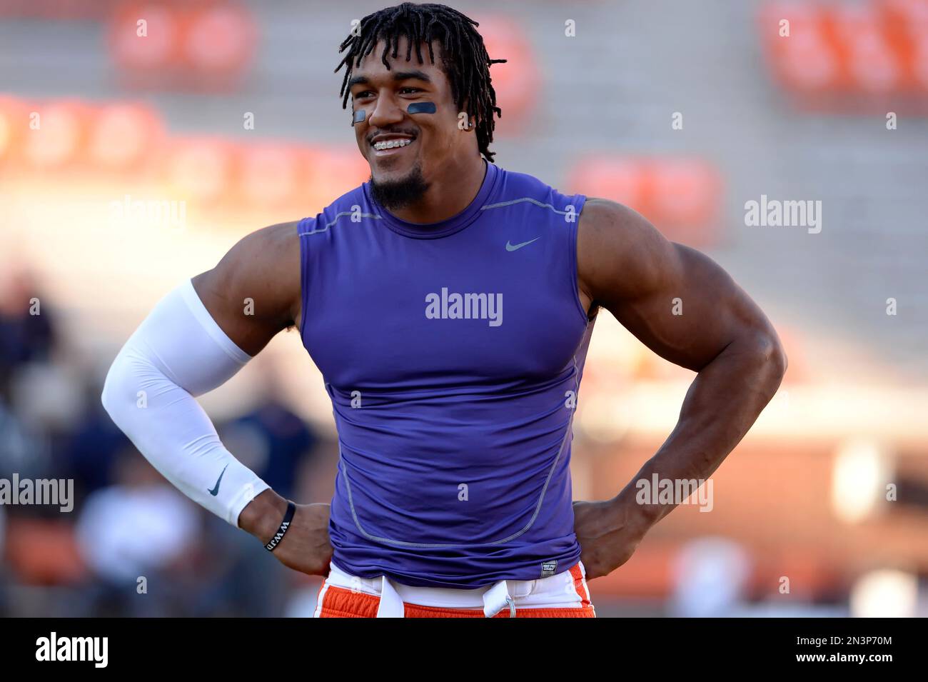 Clemson defensive end Vic Beasley warms up before the start of an NCAA ...