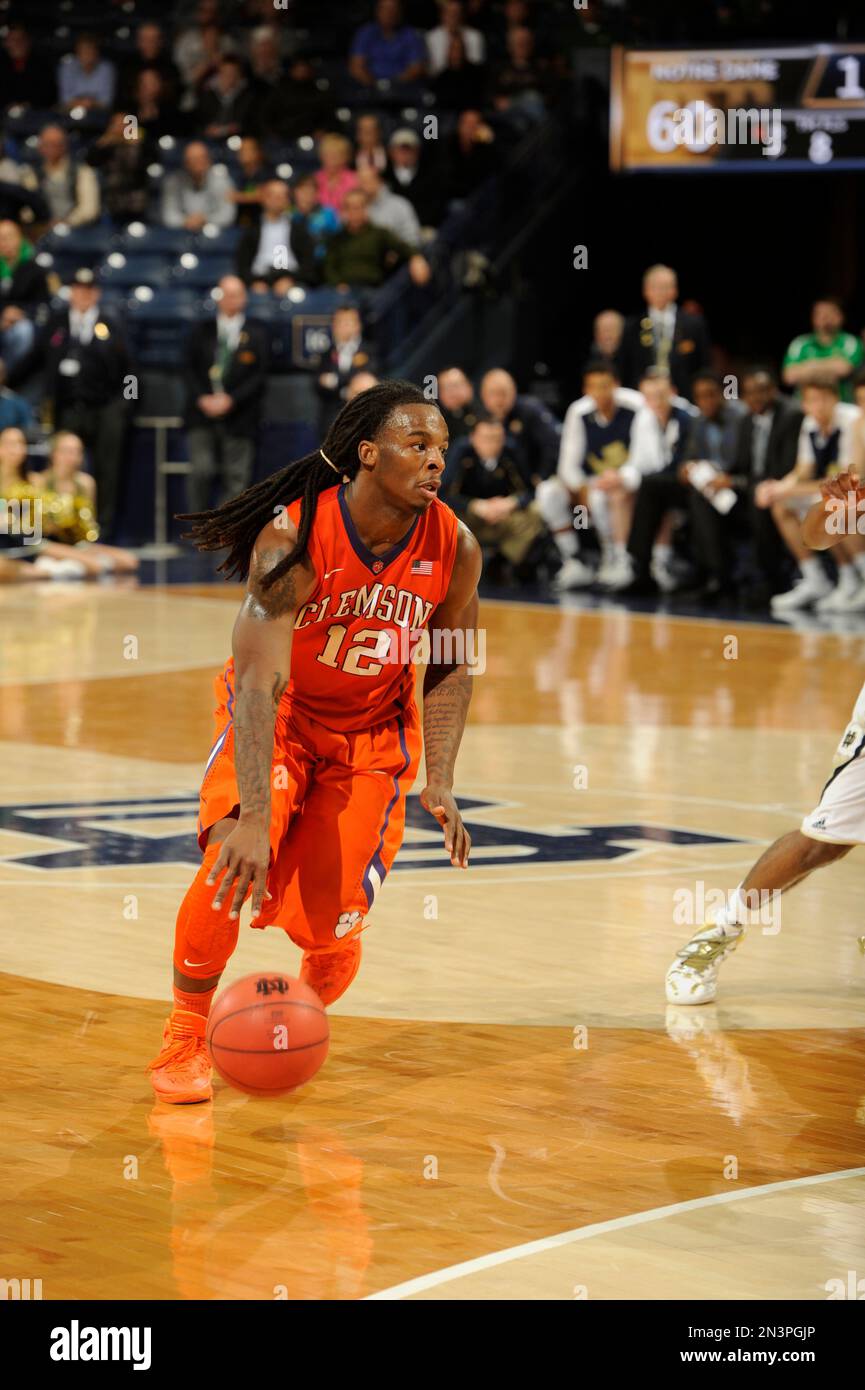 Clemson guard Rod Hall dribbles up court during an college basketball ...