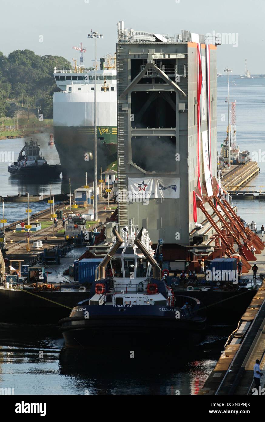A ship carries a new rolling gate for the Panama Canal expansion ...