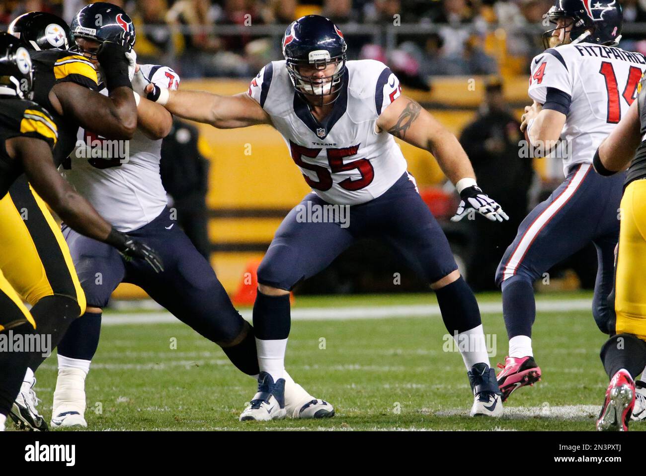 Houston Texans center Chris Myers (55) blocks for quarterback Ryan Fitzpatrick (14) during the ...