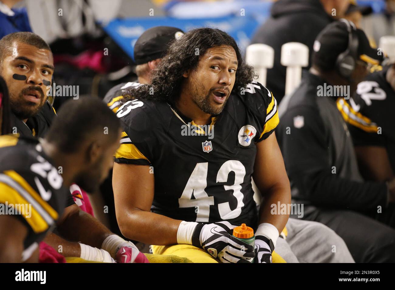 Pittsburgh Steelers strong safety Troy Polamalu (43) sits on the ...