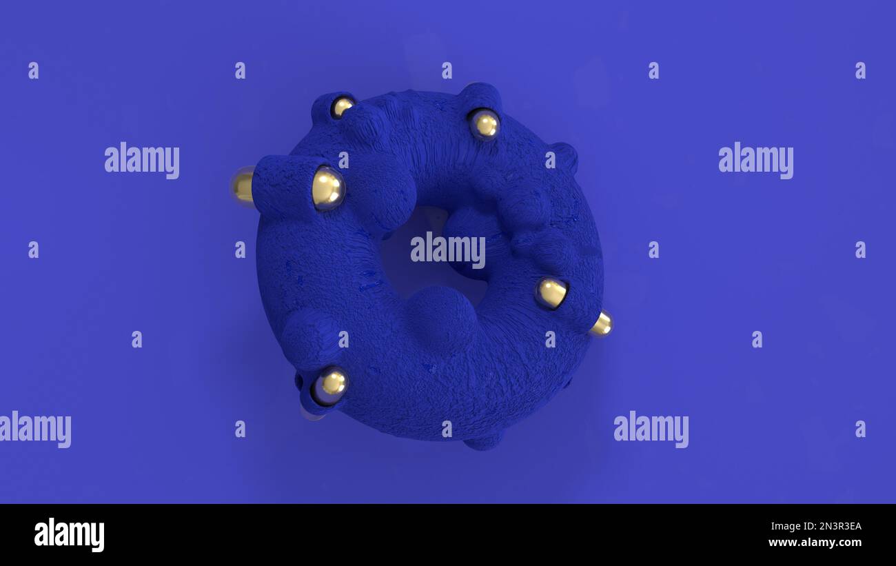 3D illustration of a blue torus with golden capsules on a blue isolated ...