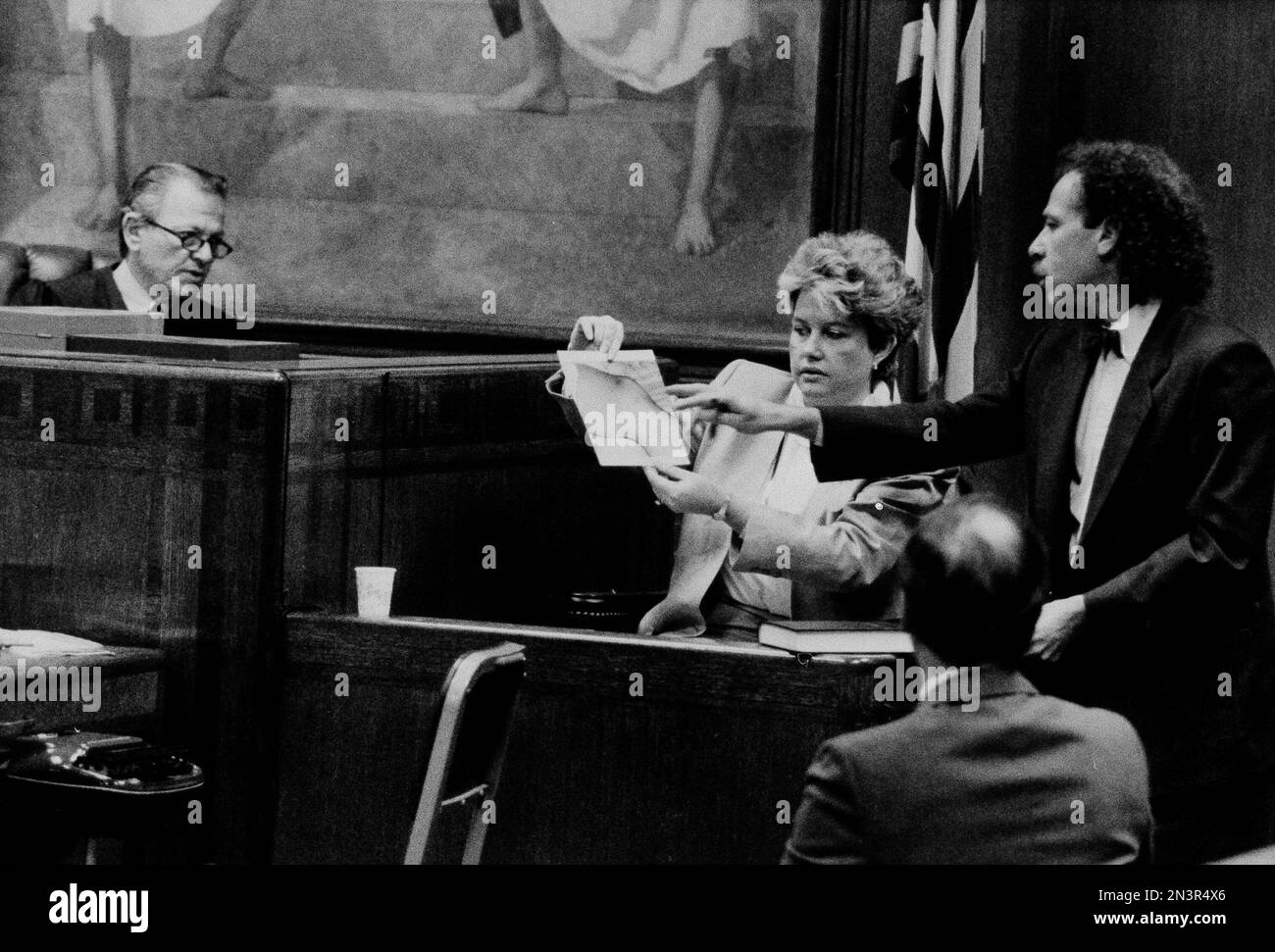 Dr. Mary Marron holds a photo of Lisa Steinberg's leg while testifying ...