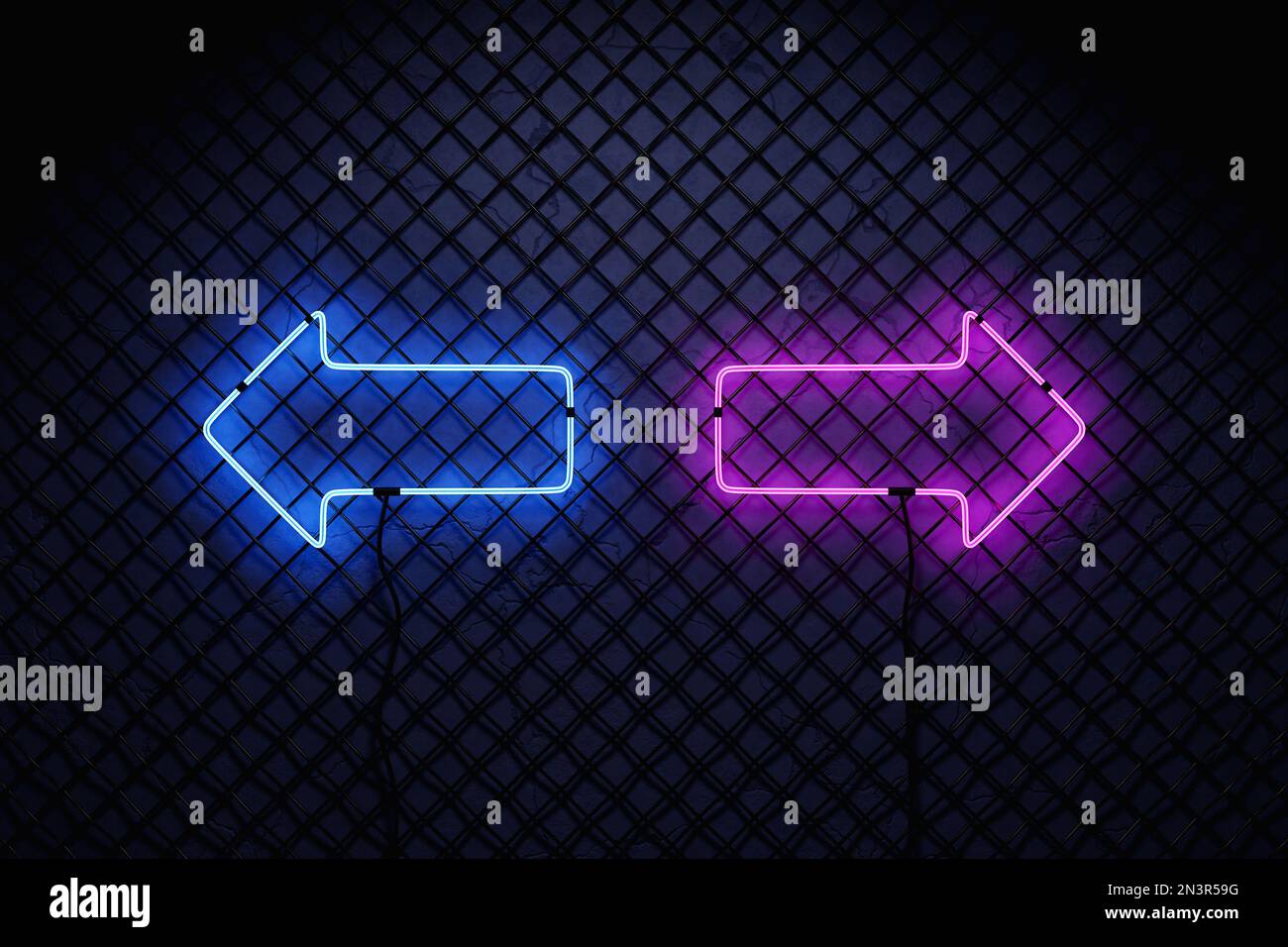 3D illustration of the neon pink and blue arrows on a mesh wall ...