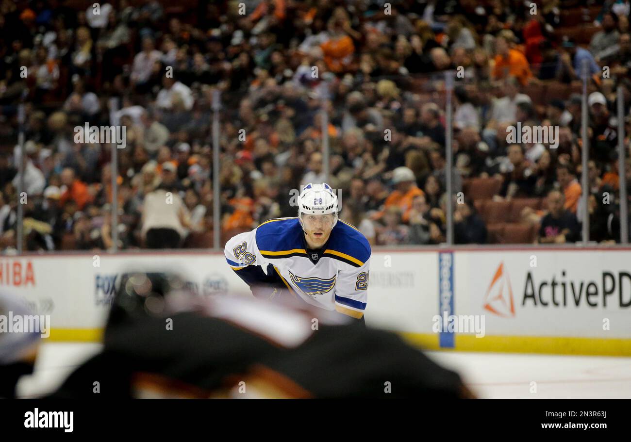 St. Louis Blues' Ian Cole watches during the first period of an NHL ...
