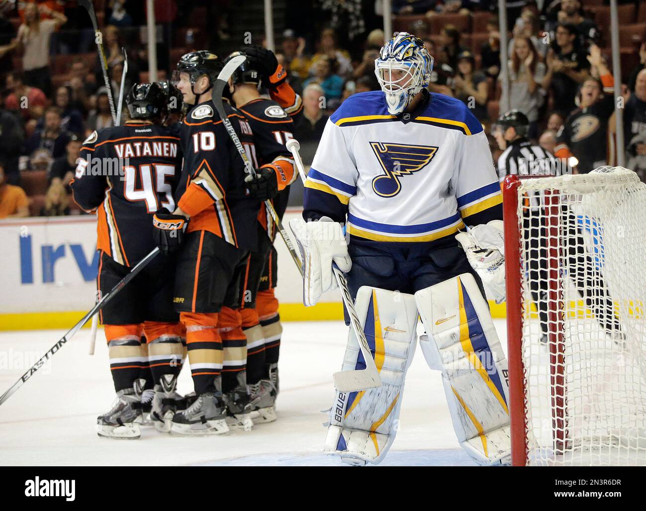 St. Louis Blues goalie Brian Elliott stands on the ice as the Anaheim ...