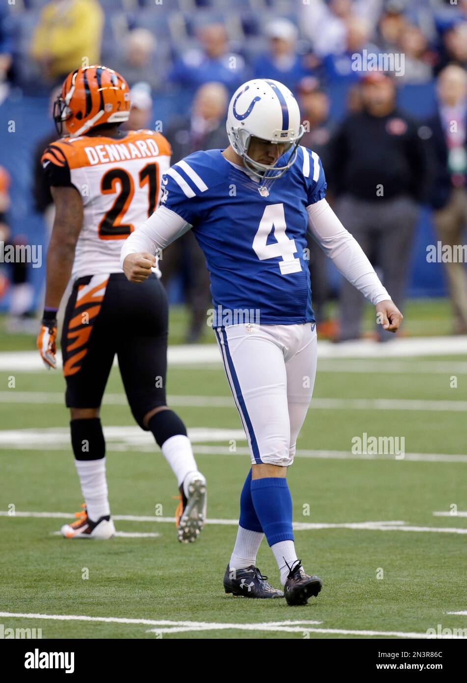 Indianapolis Colts kicker Adam Vinatieri (4) reacts after kicking a 50 ...
