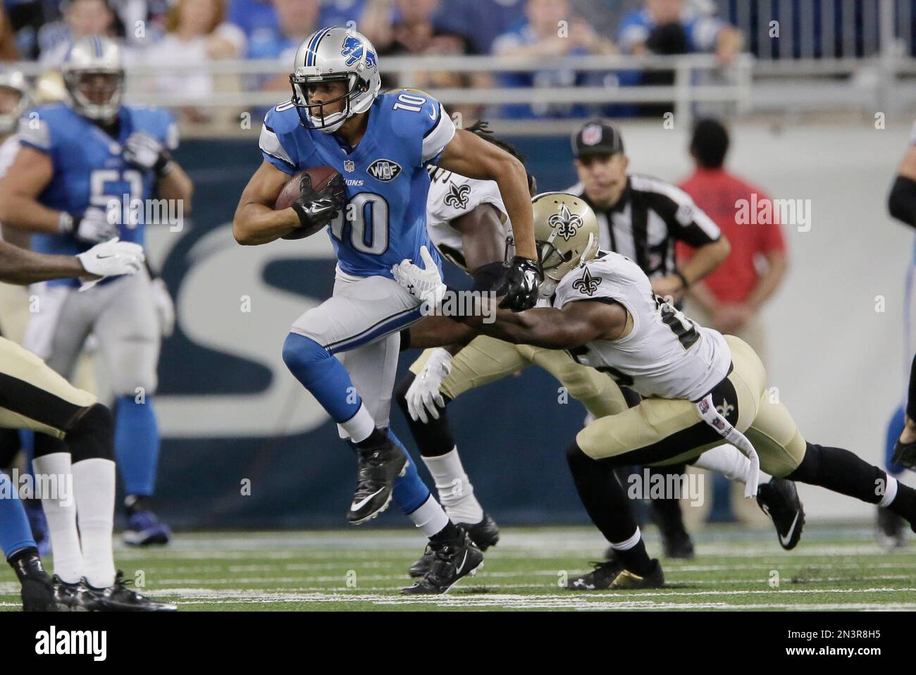 Detroit Lions wide receiver Corey Fuller (10) pulls away form the New ...