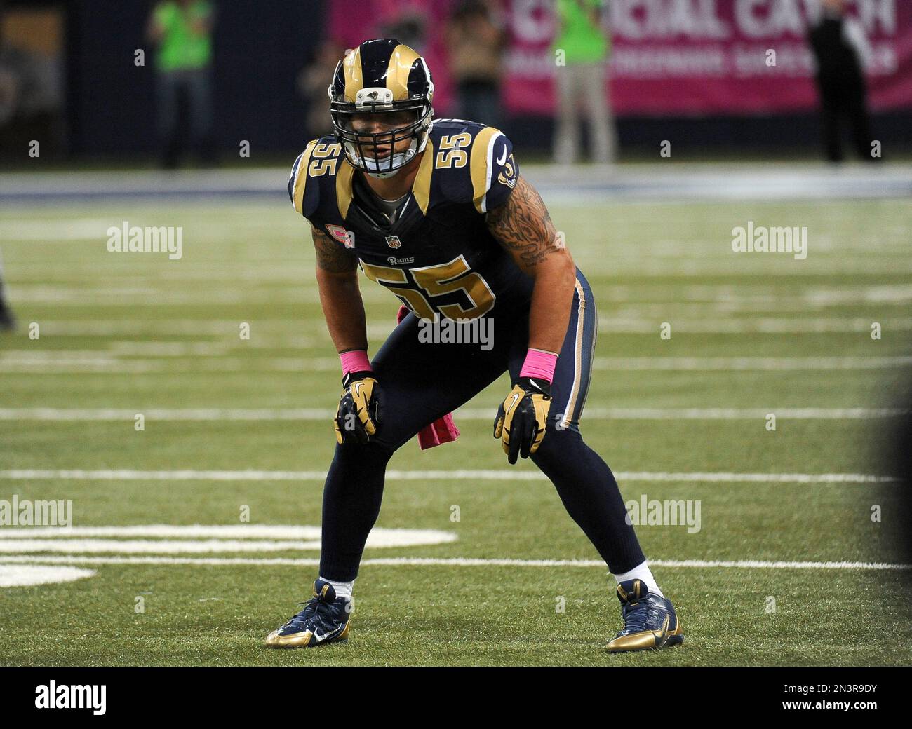 St. Louis Rams linebacker James Laurinaitis takes up his position ...
