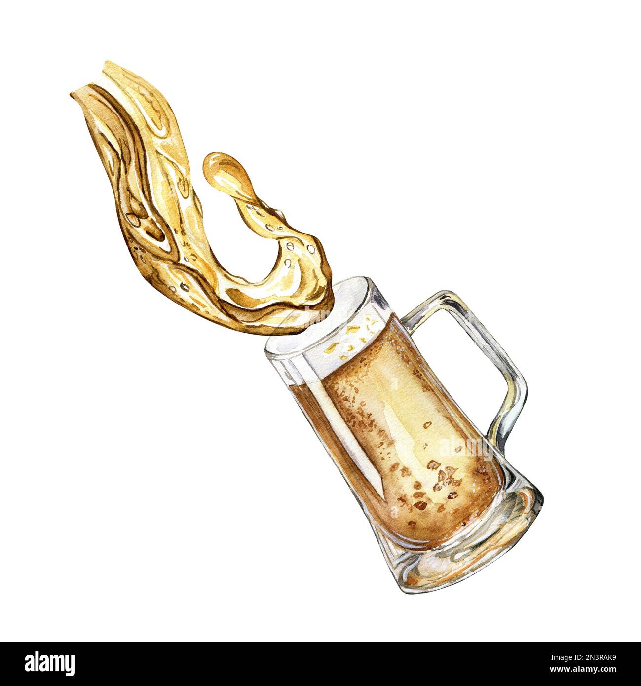 Glass of beer and splash watercolor illustration isolated on white ...