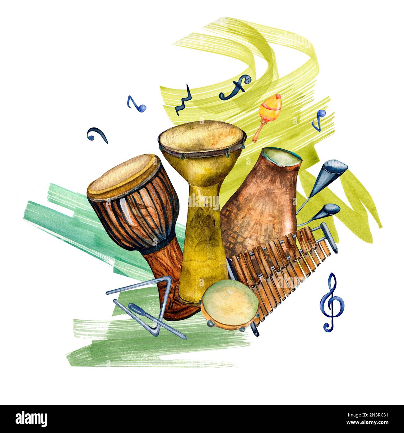 Variouse percussion musical instruments and paint stroke watercolor ...