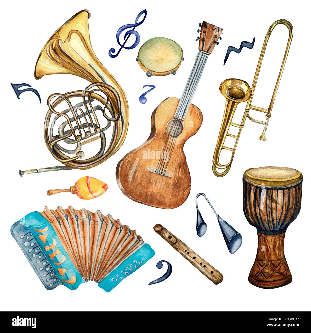 Set of musical instruments and symbol watercolor illustration isolated ...