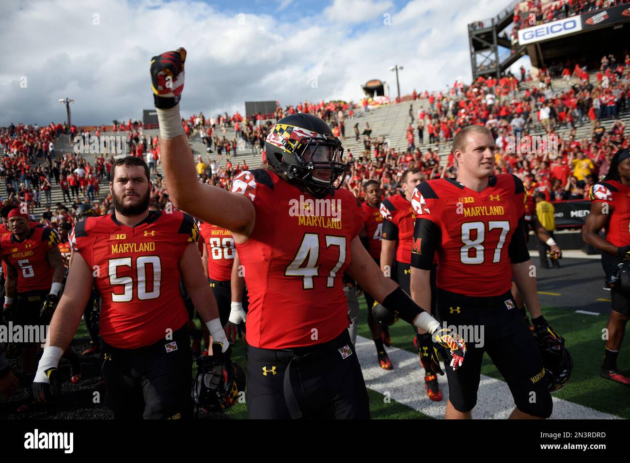 Maryland linebacker Cole Farrand (47) reacts after an NCAA college ...