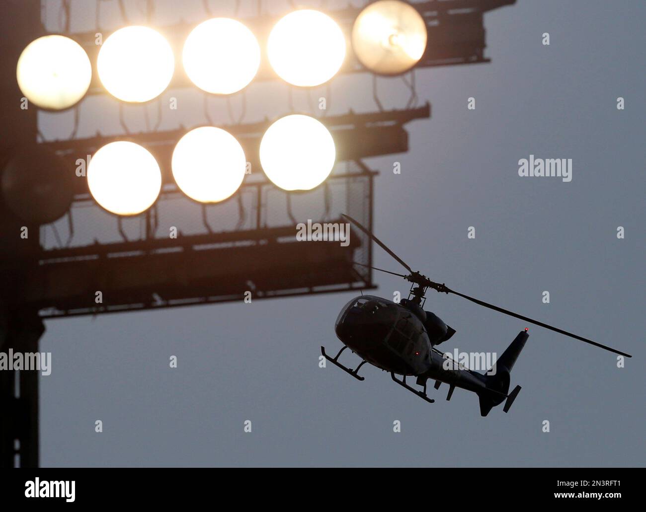 A Serbian police helicopter flies over the stadium before a Serbian ...