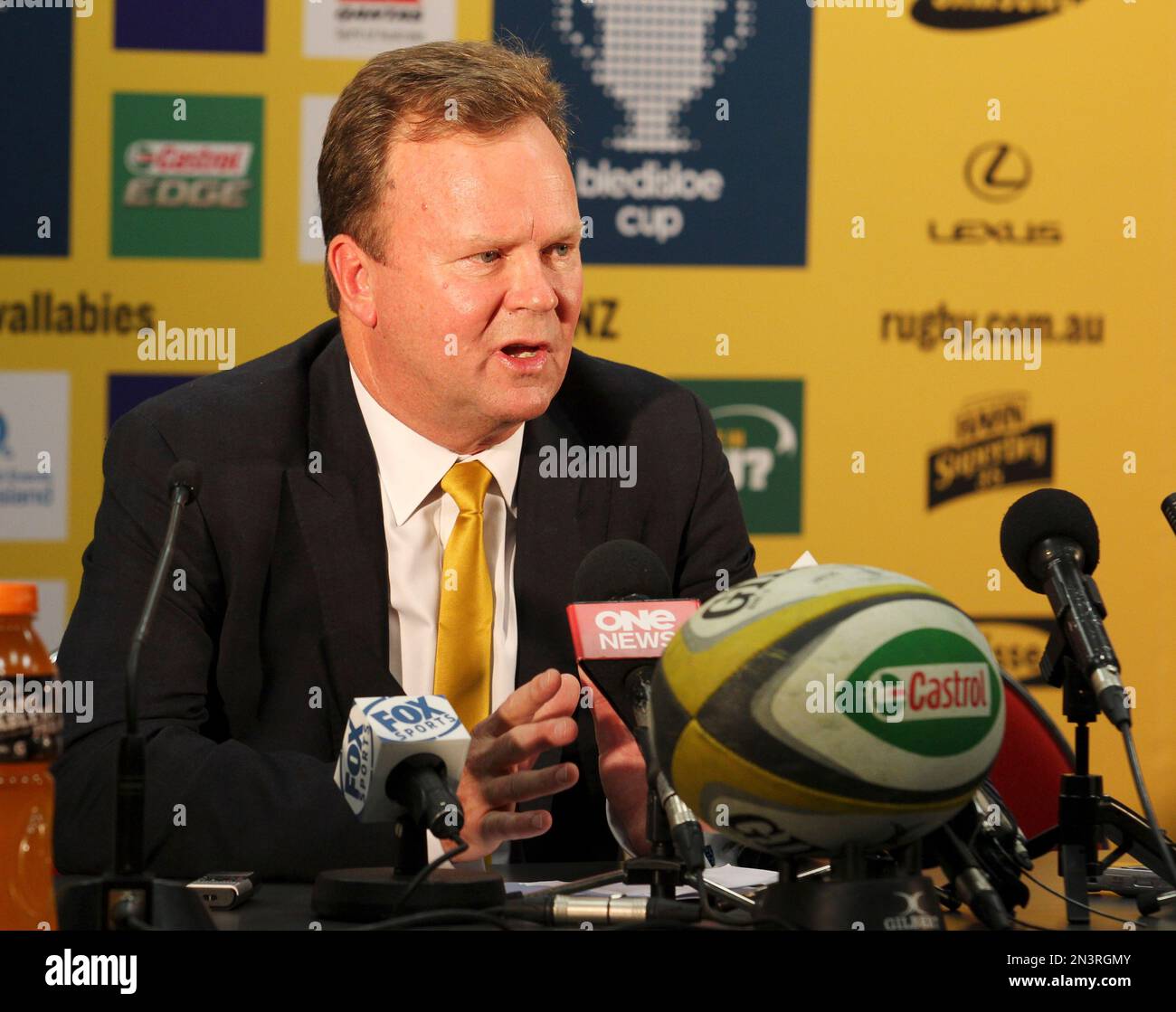Bill Pulver, CEO of Australian rugby, speaks after the Australian coach ...