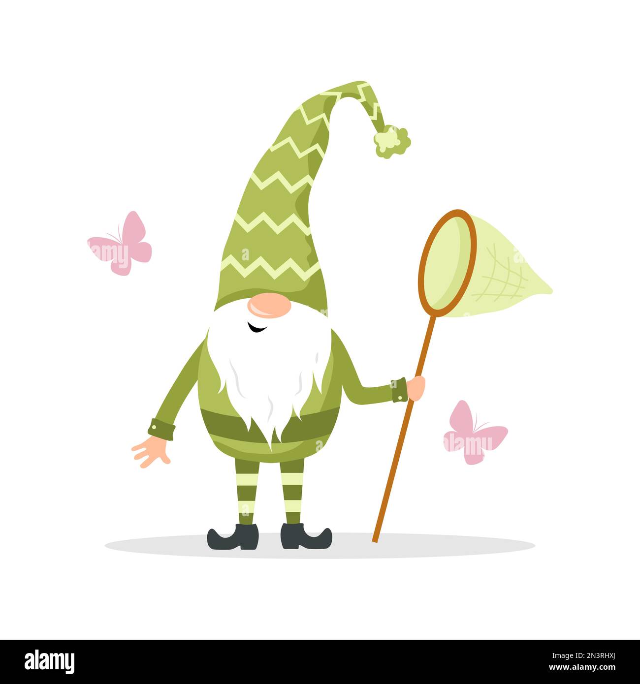 Spring gnome. Cute scandinavian dwarf with butterfly net. Holiday ...