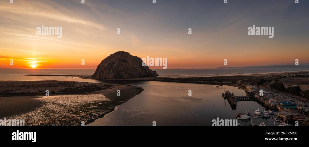 Aerial panorama of Morro Bay rock at sunset Stock Photo - Alamy