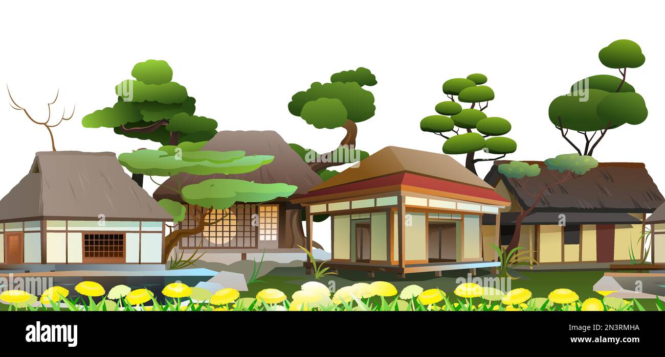 Traditional Japanese house. In the flower meadow. Small village. Rural ...