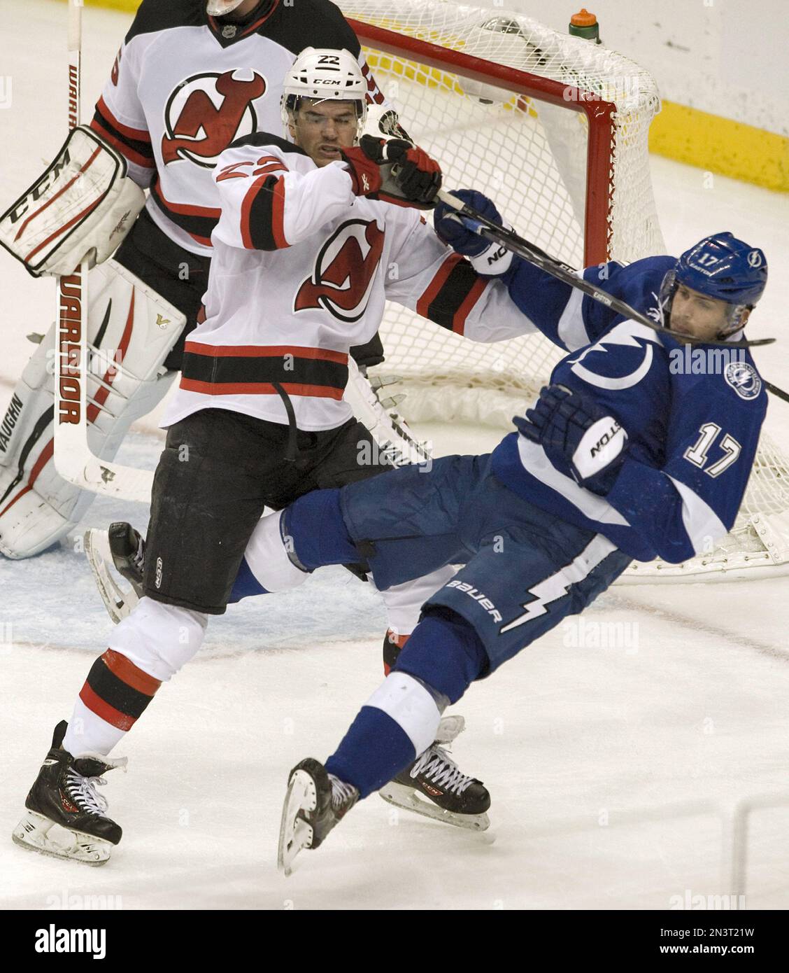 New Jersey Devils defenseman Eric Gelinas (22) checks Tampa Bay ...