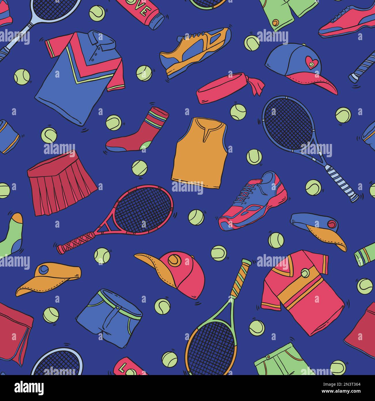 Tennis Doodle Seamless Pattern Cartoon Illustration Vector