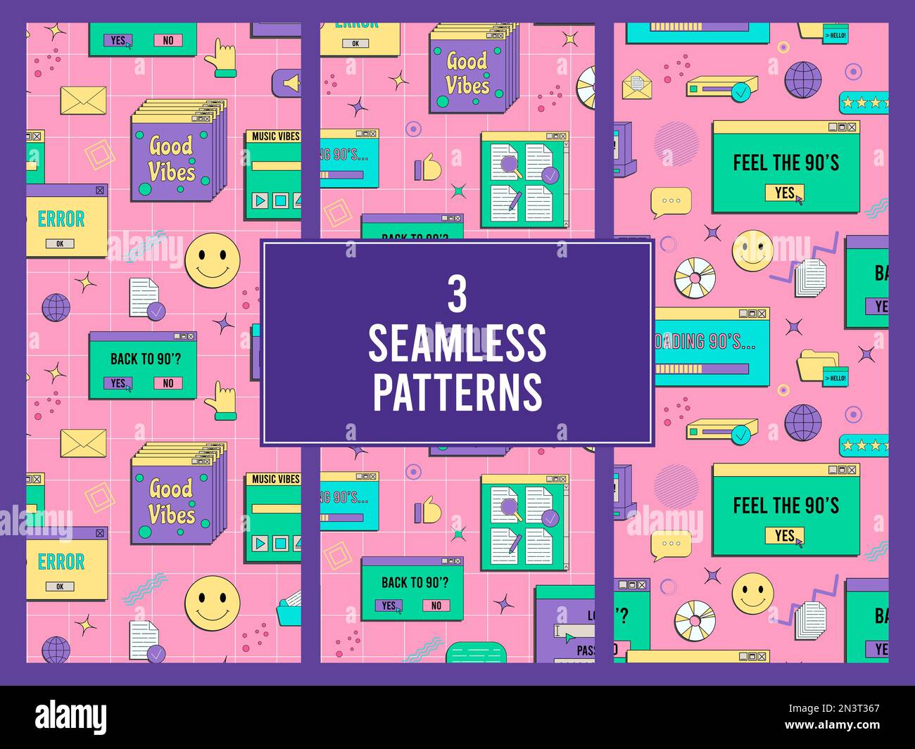 Set of vaporwave UI and UX elements seamless pattern. PC retro game frame. Nostalgic style 70s ...