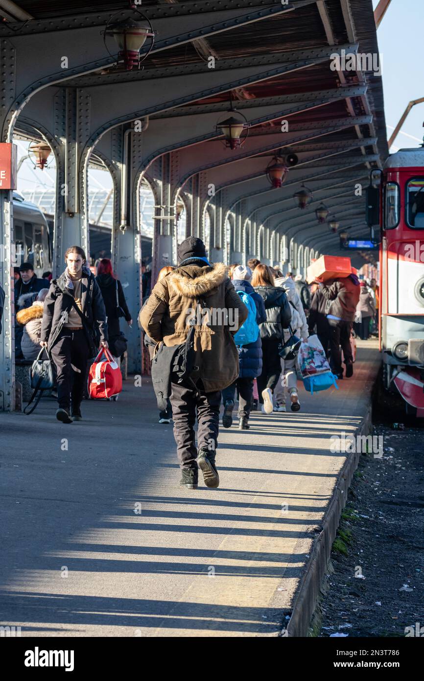People getting on and off the train at Bucharest North Railway Station ...